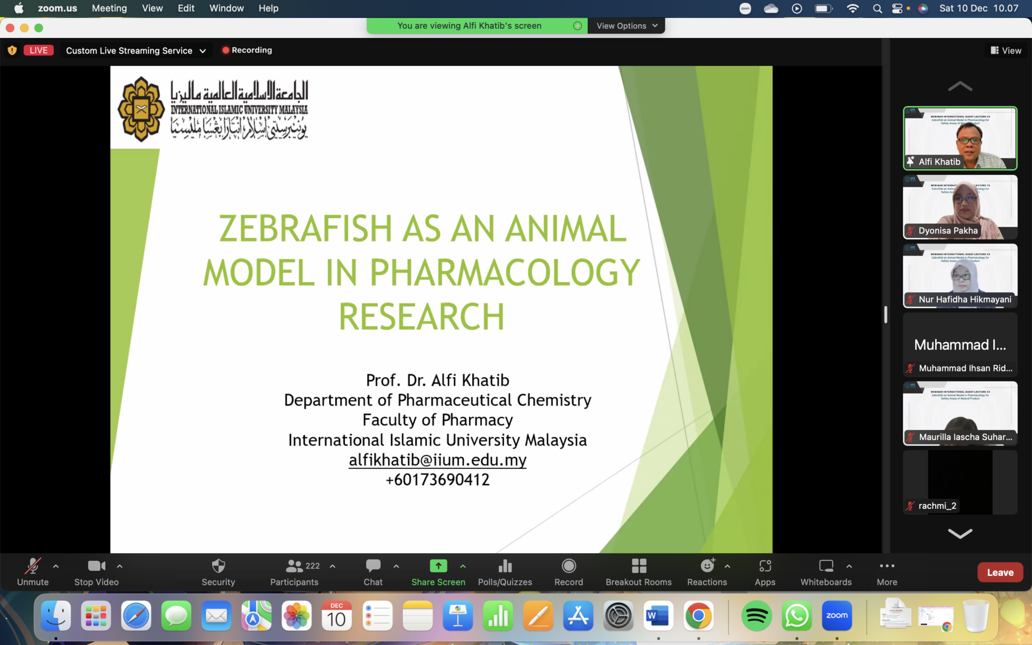 Kuliah uji keamanan obat bahan alami dengan zebrafish oleh Prof. Alfi Khatib (IIUM, Malaysia ...